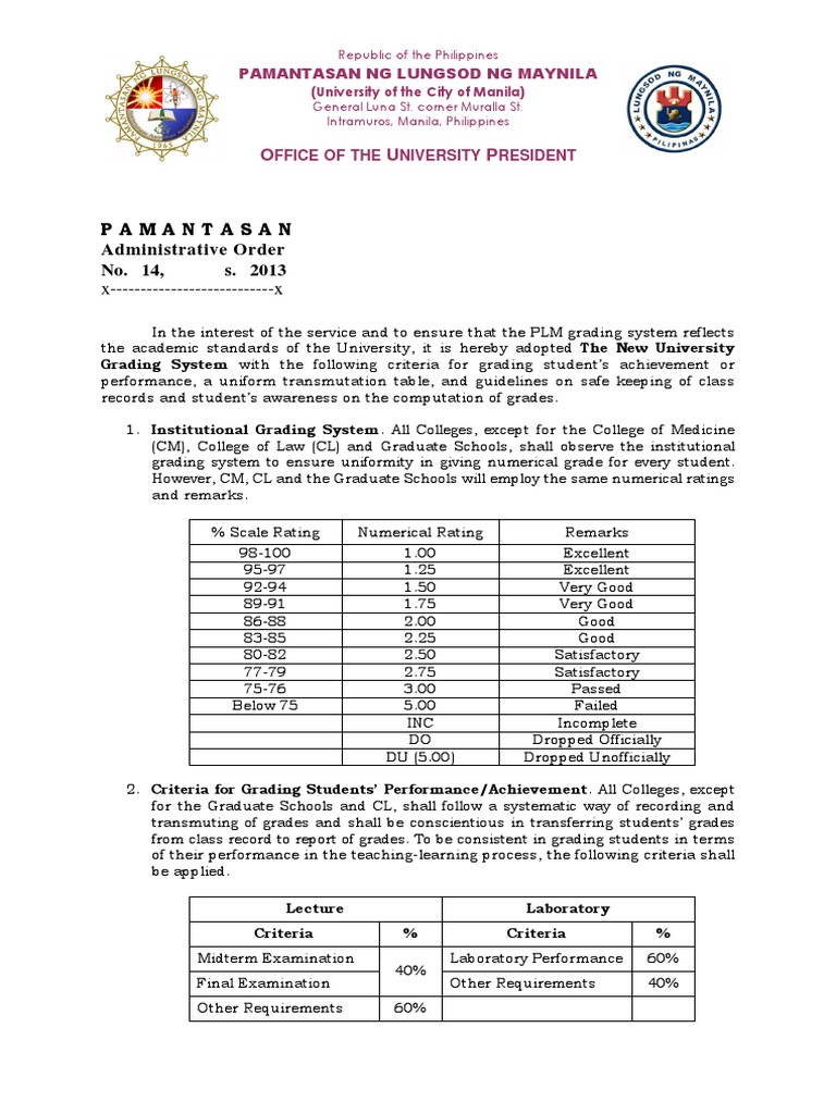 Administrative Order Establishing a Uniform Grading System and Criteria ...