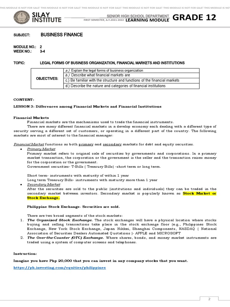 GR12 Business Finance Module 3-4 | PDF | Financial Markets | Securities ...
