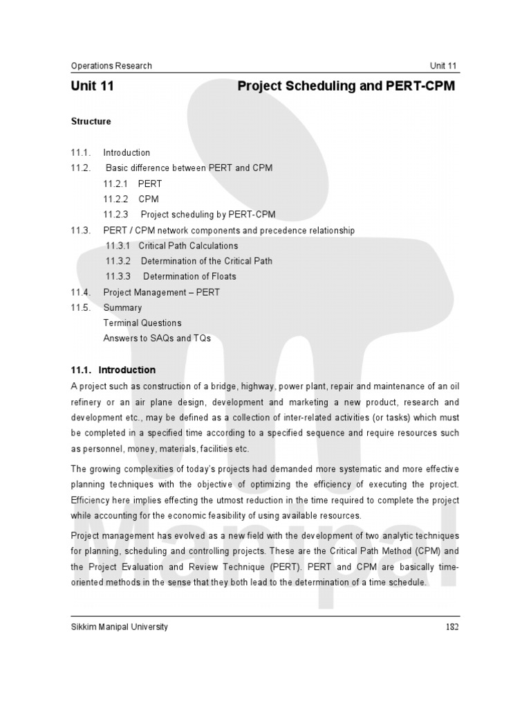 PERT-CPM Project Scheduling Overview | PDF | Project Management | Analysis