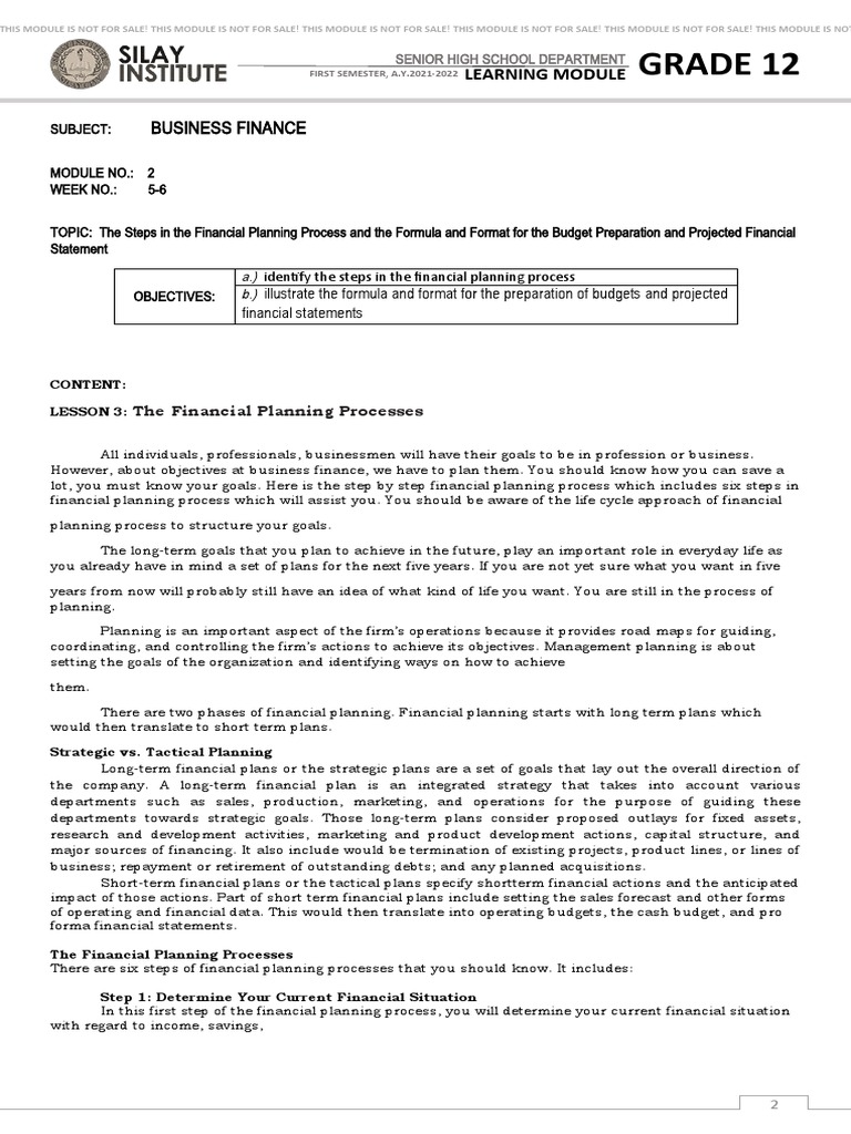GR12 Business Finance Module 5-6 | PDF | Financial Plan | Budget