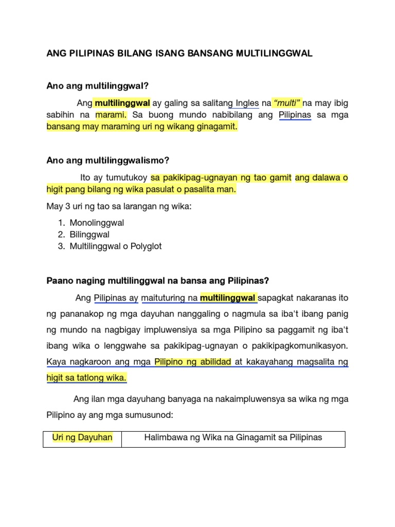 Ang Pilipinas Bilang Isang Bansang Multilinggwal | PDF