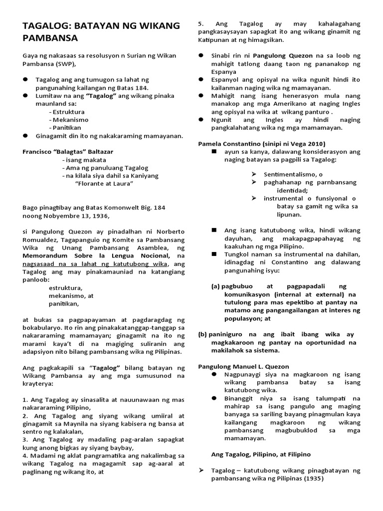 Tagalog, Batayan NG Wikang Pambansa | PDF