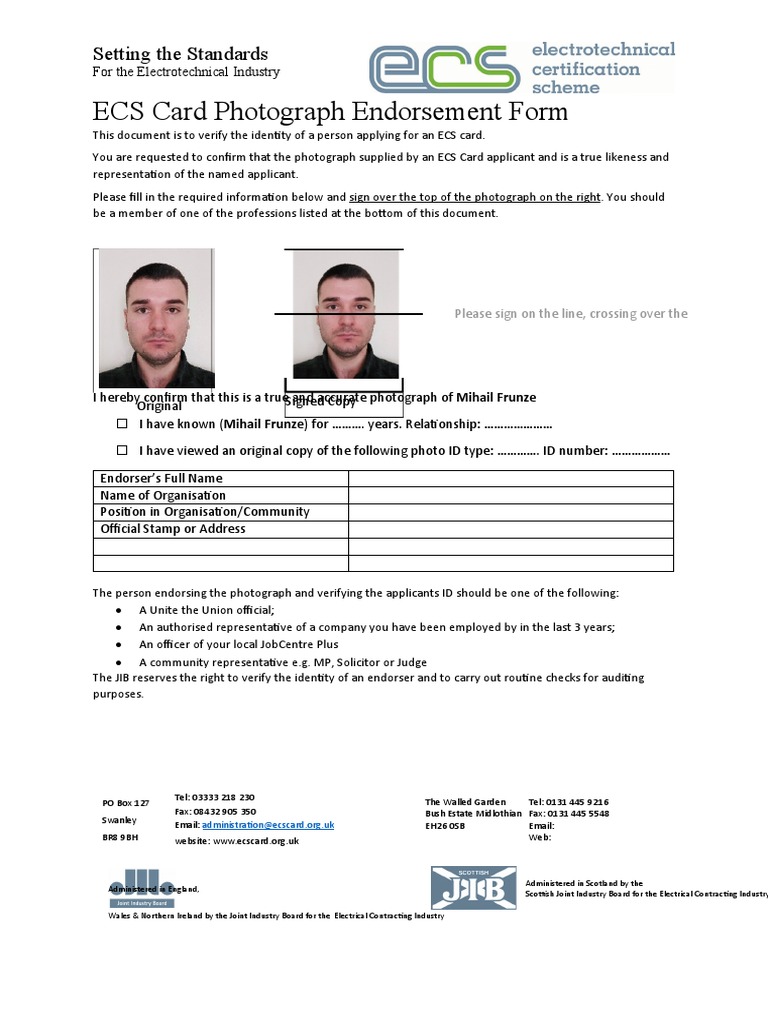 ECS Card Photograph Endorsement Form: Setting The Standards | PDF
