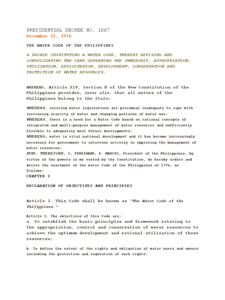 Presidential Decree No. 1067: December 31, 1976 | PDF | Water | Decree
