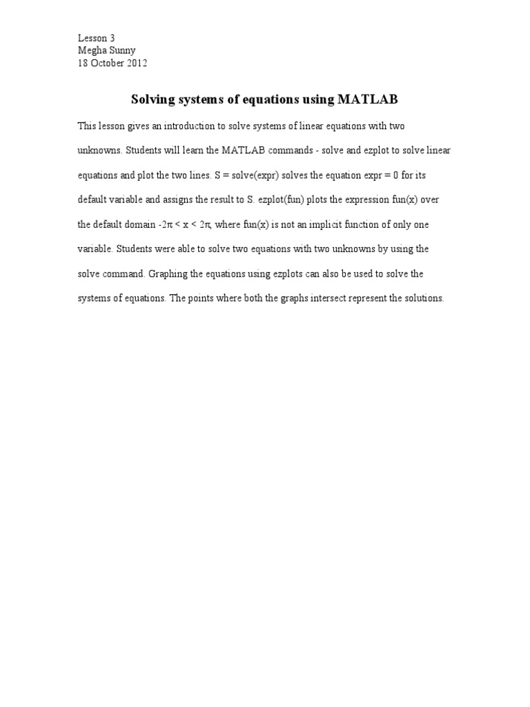 Solving Systems of Equations Using MATLAB | PDF | Equations | Matlab
