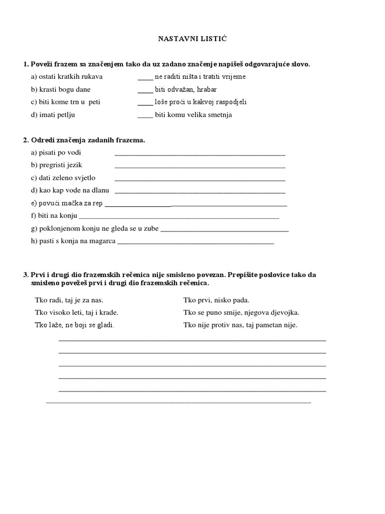 NASTAVNI LISTIĆ Frazemi | PDF
