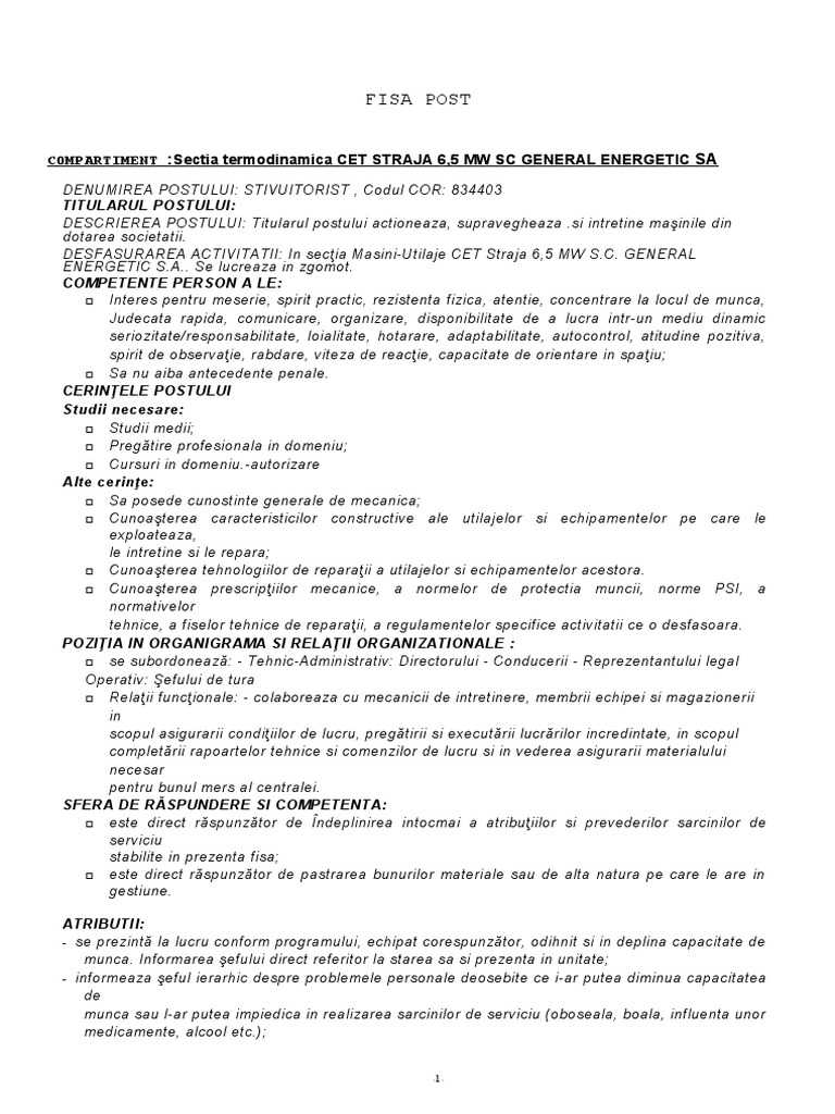 FISA DE POST Stivuitorist | PDF
