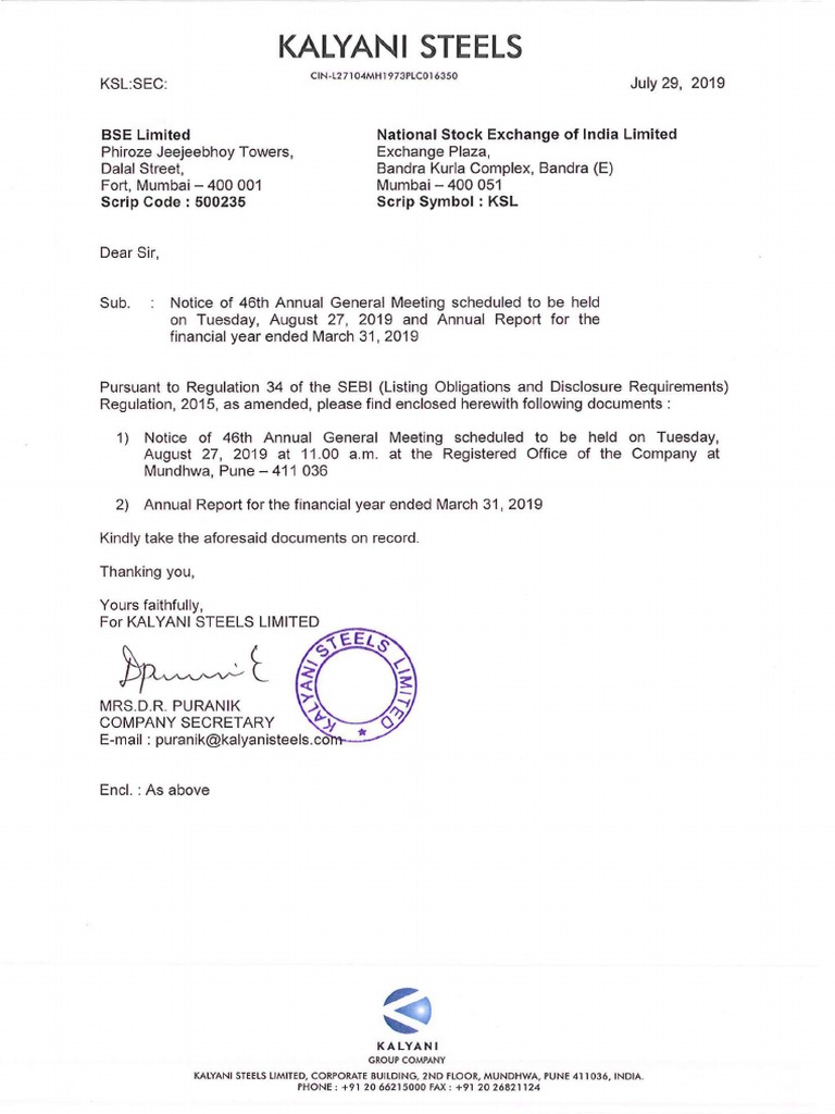 Kalyani Steels: IN L 4MH 1 PL 0 | PDF | Electronic Voting | Securities ...