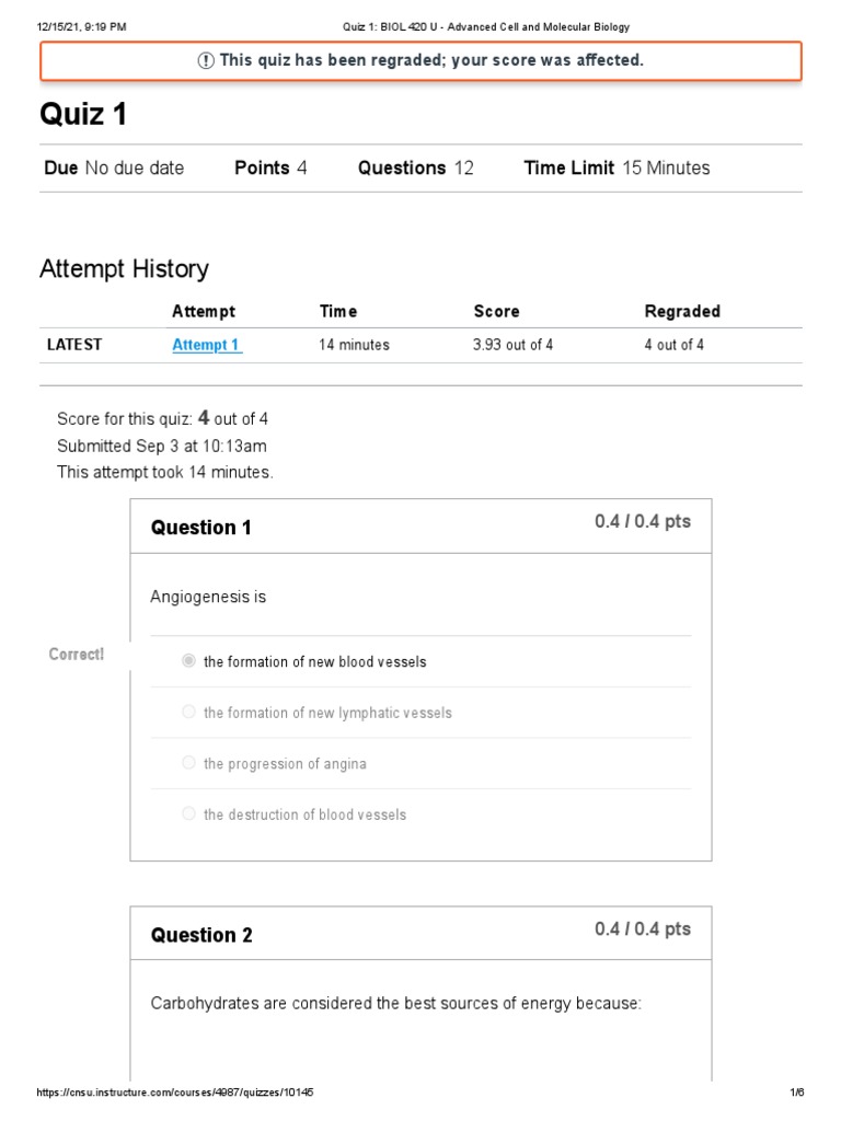 Quiz 1 - BIOL 420 U - Advanced Cell and Molecular Biology | PDF ...