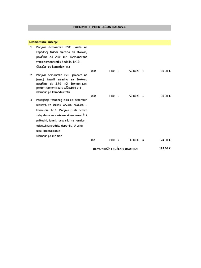 Predjmer I Predracun-Gradjevinsko Zanatski Radovi I Opremanje | PDF