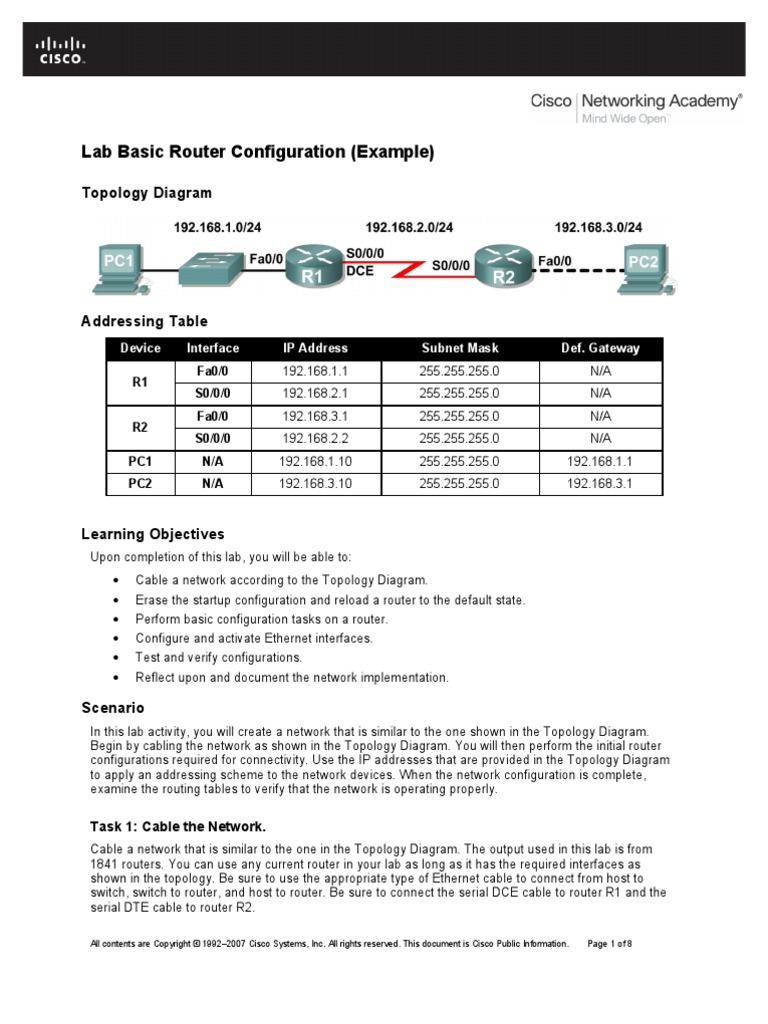 Lab Basic Router Configuration Example Topology Diagram Pdf
