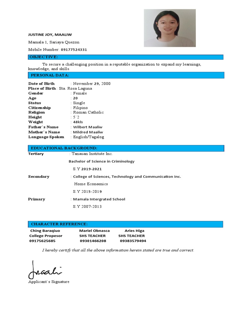 Personal Data:: I Hereby Certify That All The Above Information Herein ...