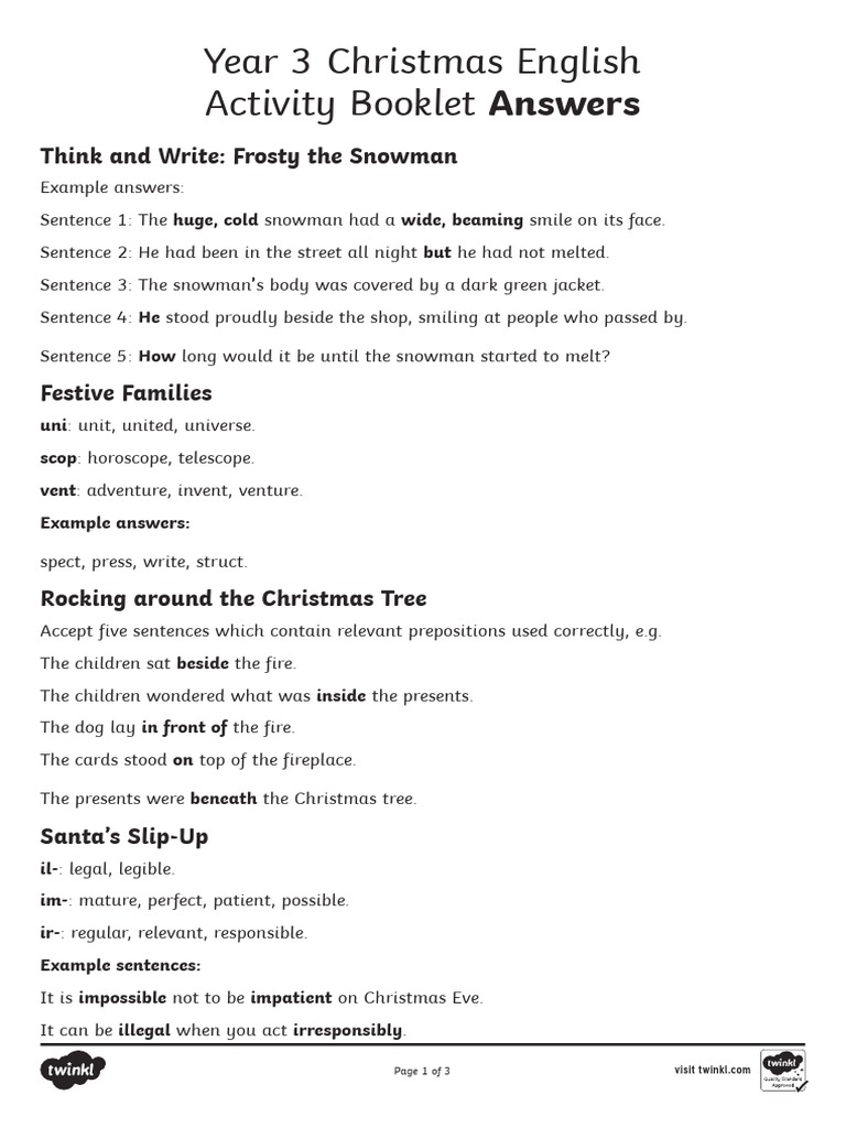 Year 3 Christmas English Activity Pack Answers | PDF