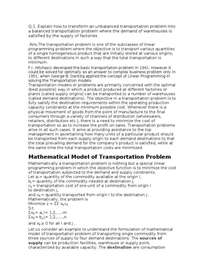 Mathematical Model of Transportation Problem | PDF | Operations ...
