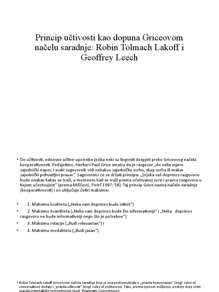 Princip Uctivosti Kao Dopuna Griceovom Nacelu Saradnje 4.god. | PDF