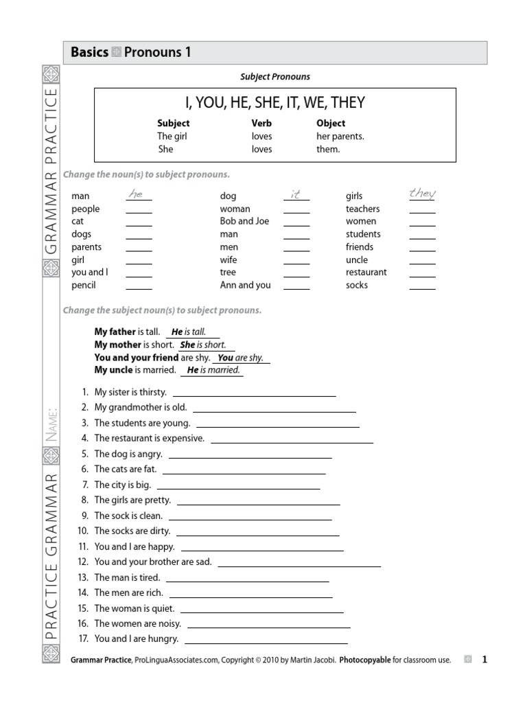 Replace Subjects With Pronouns | PDF | Object (Grammar) | Syntactic ...