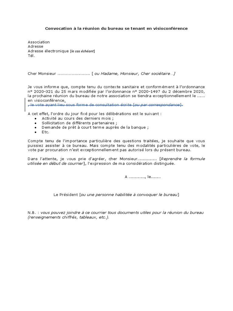 Modele Document Convocation Reunion Bureau en Visioconference | PDF