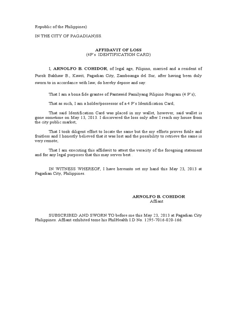 Affidavit of Loss | PDF | Affidavit | Philippines