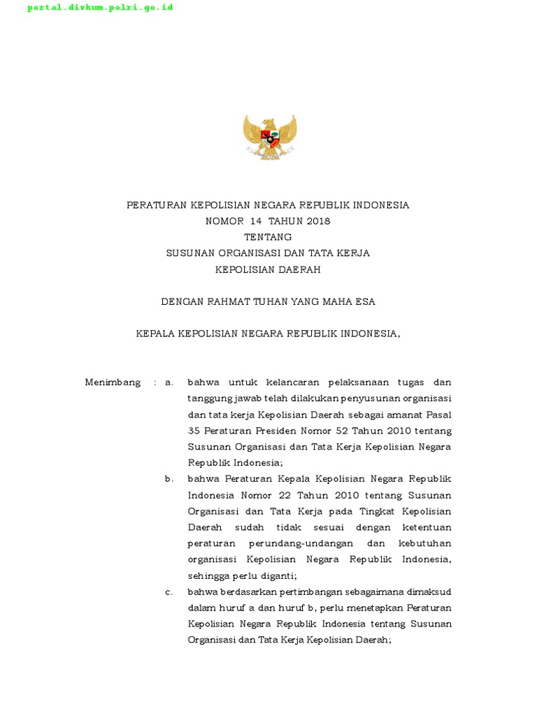 Perpol No 14 Tahun 2018 tentang SOTK Polda | PDF | Pengelolaan Keuangan ...