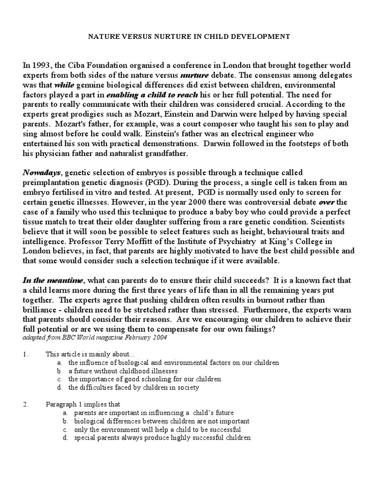 Reading Comprehension | PDF | Nature Versus Nurture | Behavioural Sciences