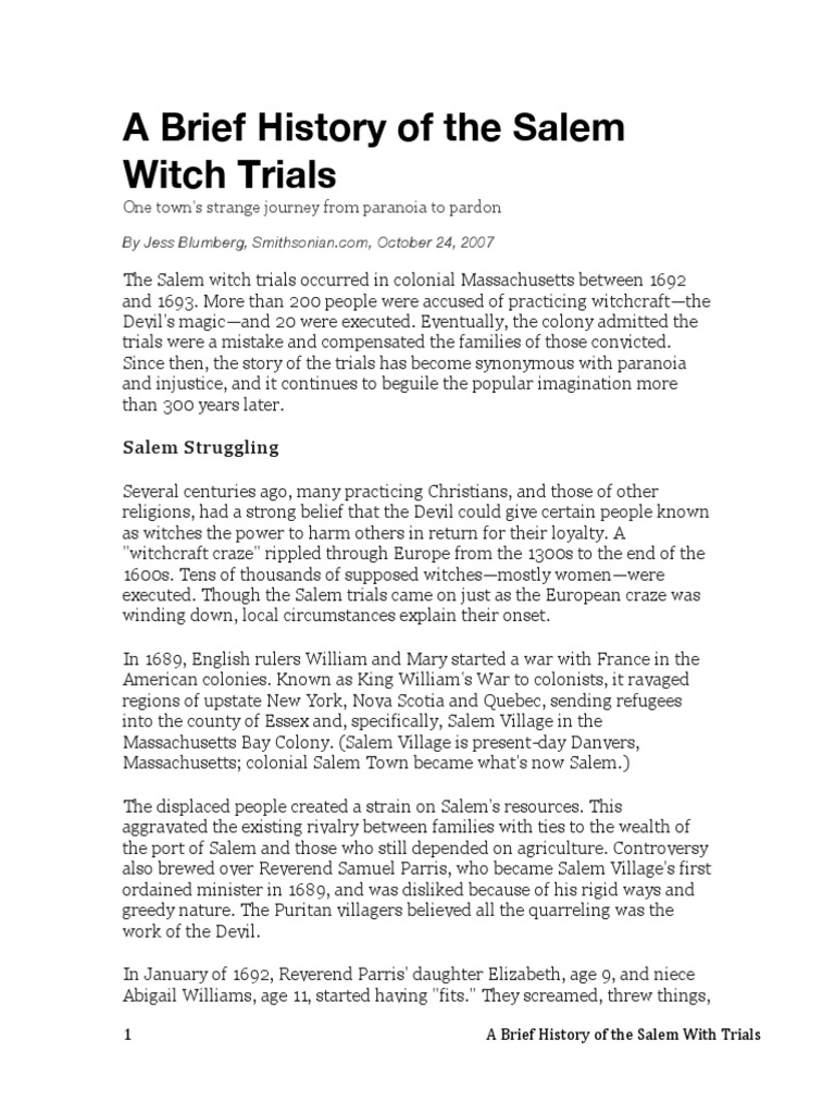 Salem Witch Trials: A Brief Overview | PDF | Early Modern Witch Hunts ...
