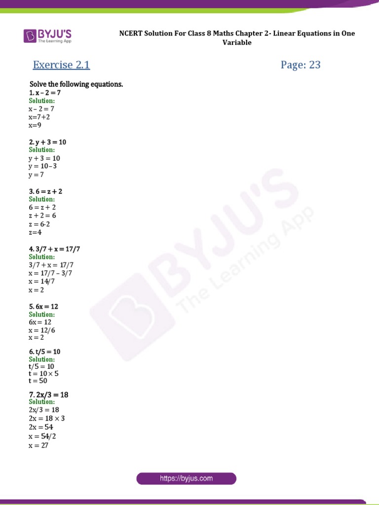 Class 8 Maths: Linear Equations Solutions | PDF | Equations | Length