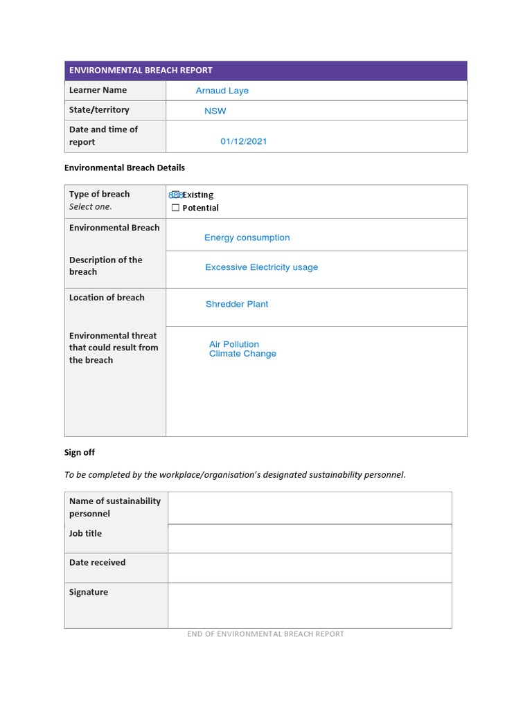BSBSUS211 P3.3 3.4 Enviro Breach Report | PDF