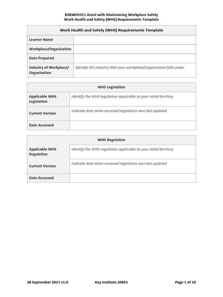 BSBWHS311 WHS Requirements Template v1.0 | PDF | Occupational Safety ...