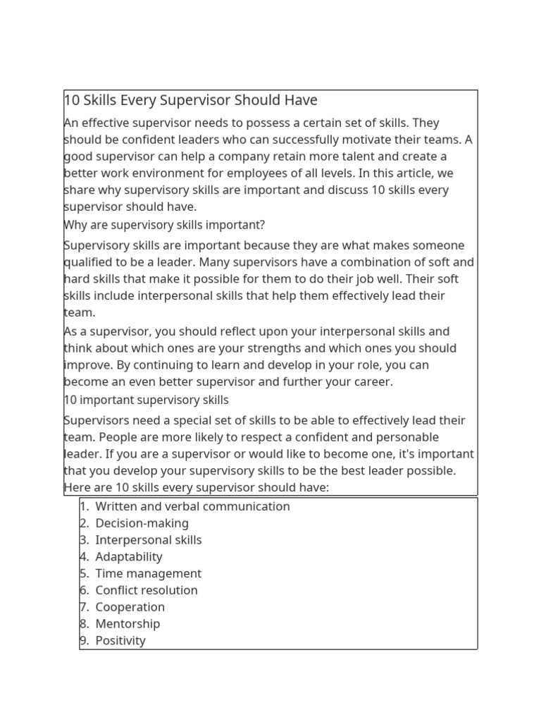 10 Skills Every Supervisor Should Have | PDF | Decision Making | Skill