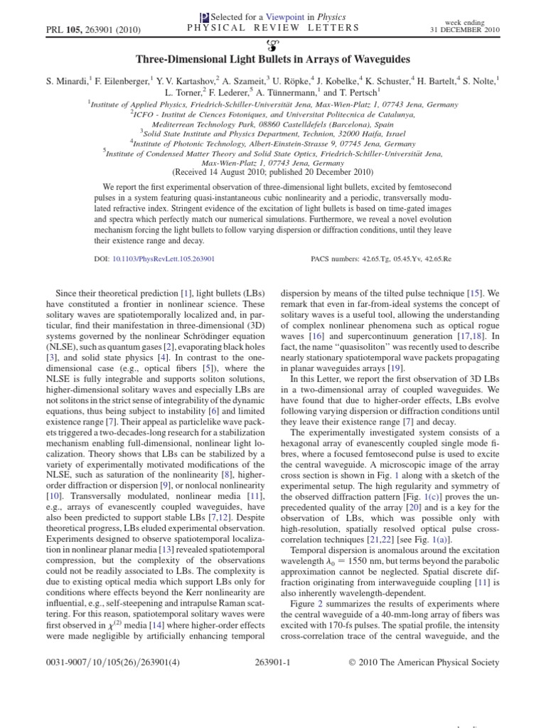 Three-Dimensional Light Bullets in Arrays of Waveguides: Week Ending 31 DECEMBER 2010 | PDF ...