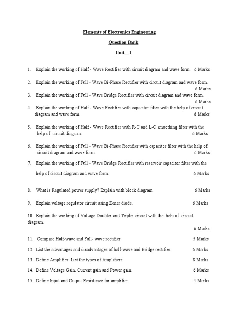 Elements of Electronics Engineering Question Bank Unit - 1 | PDF | Rectifier | Operational Amplifier