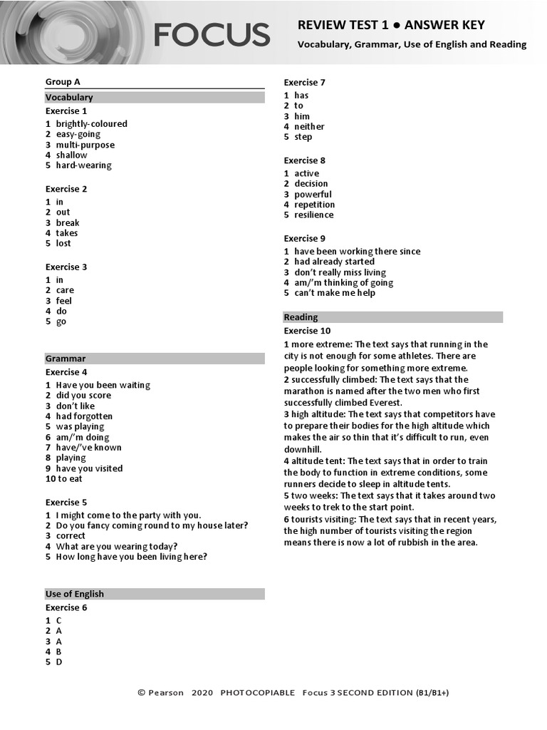 Review Test 1 Answer Key: Vocabulary, Grammar, Use of English and ...