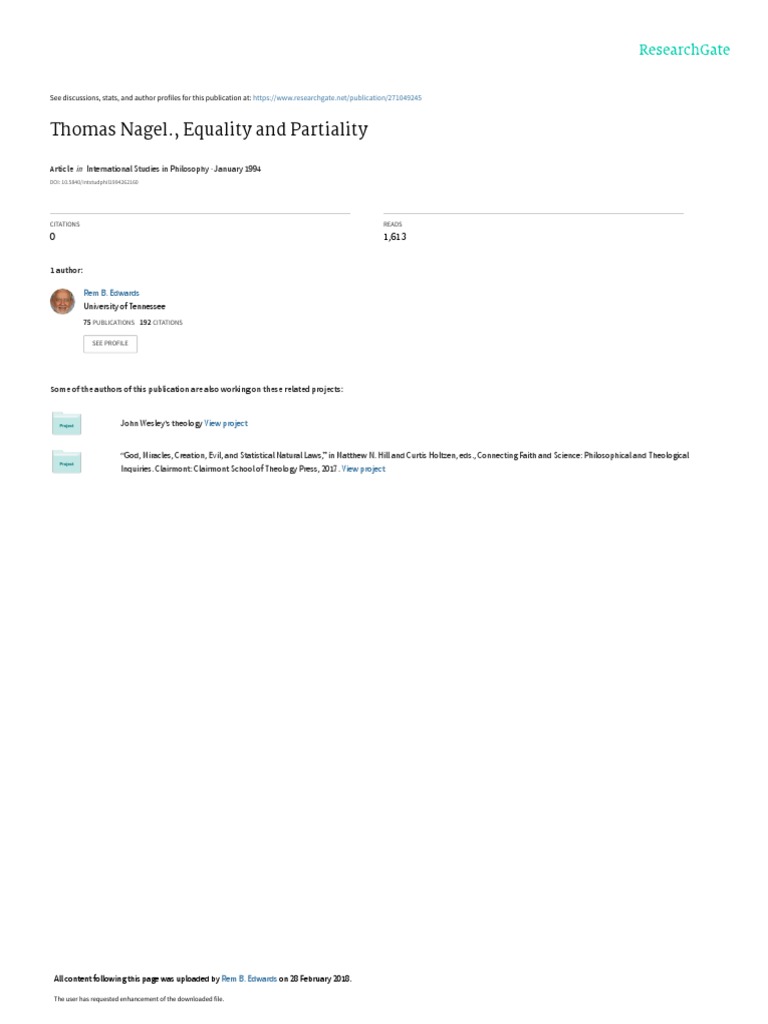 Thomas Nagel., Equality and Partiality: Article | PDF | Aristotle | Justice