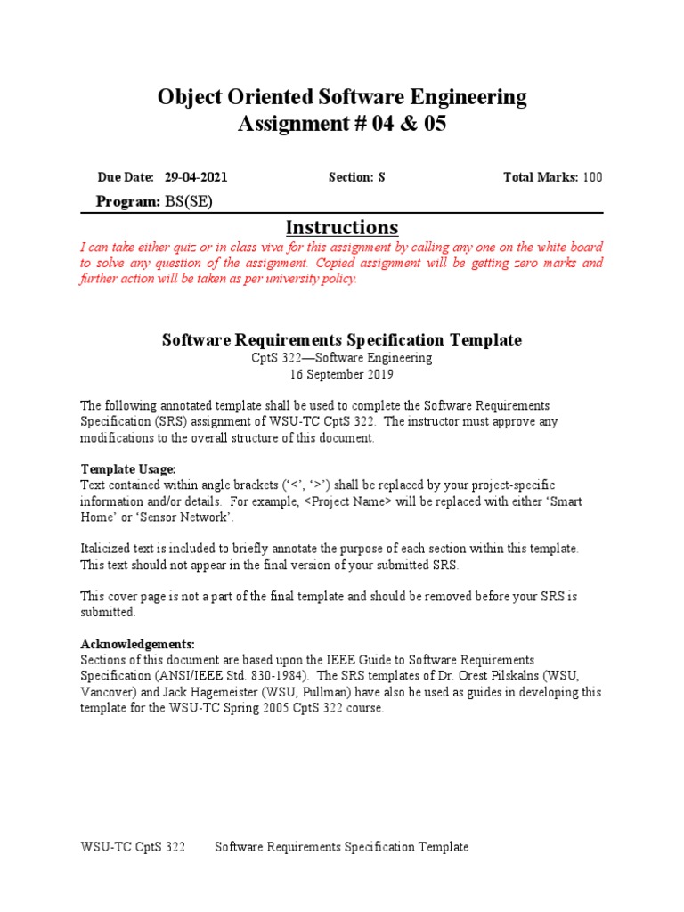 Object Oriented Software Engineering Assignment # 04 & 05: Instructions | PDF | Specification ...