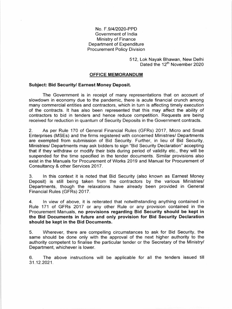 Bid Security - Earnest Money Deposit | PDF | Procurement | Money