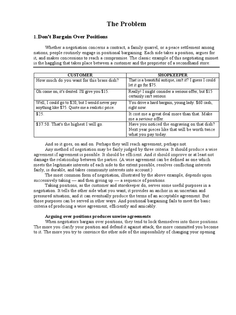 The Problem: Don't Bargain Over Positions | PDF | Negotiation | Bargaining