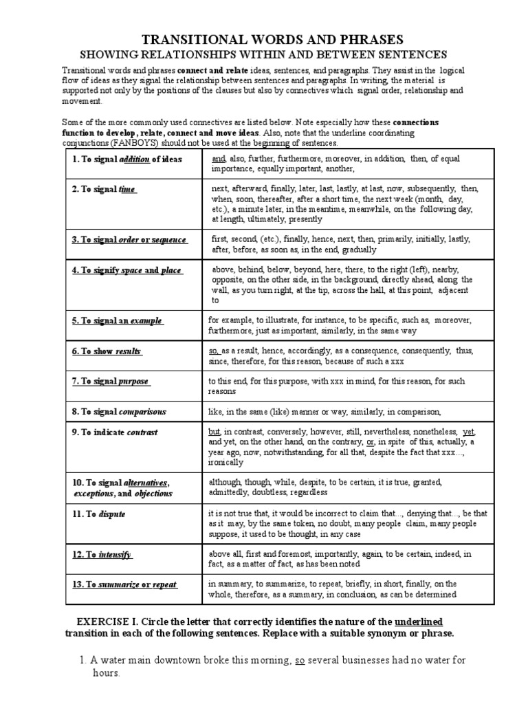 Transitional Words and Phrases | PDF | Sentence (Linguistics) | Linguistics