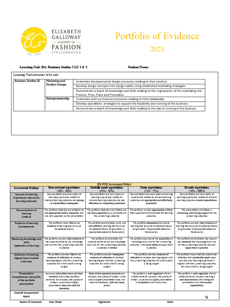 Portfolio of Evidence: Learning Unit: BA: Business Studies 3 LU 1 & 2 ...