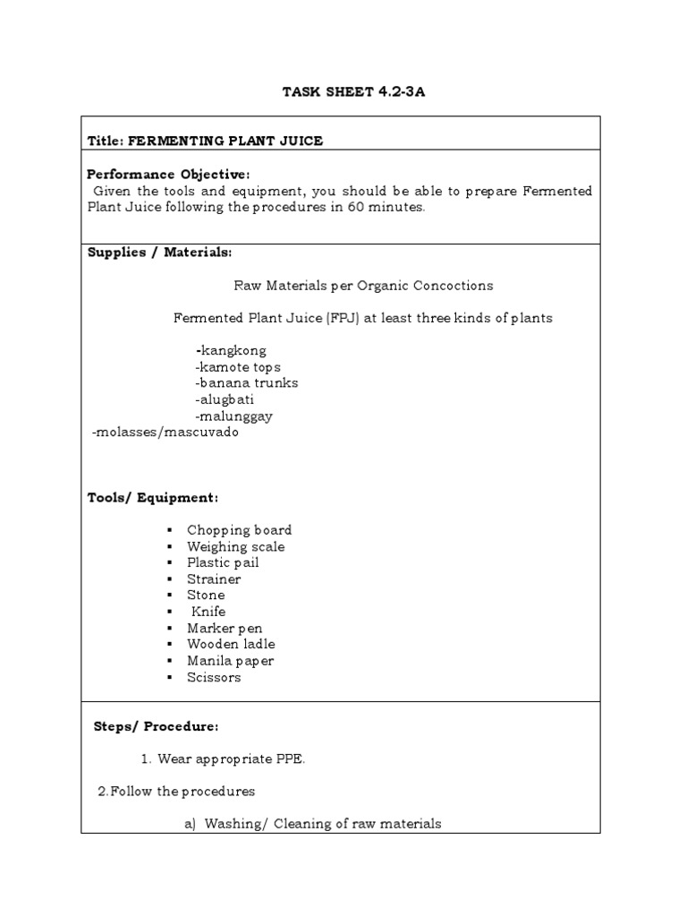Task Sheet 4.2-3A Title: Fermenting Plant Juice Performance Objective | PDF