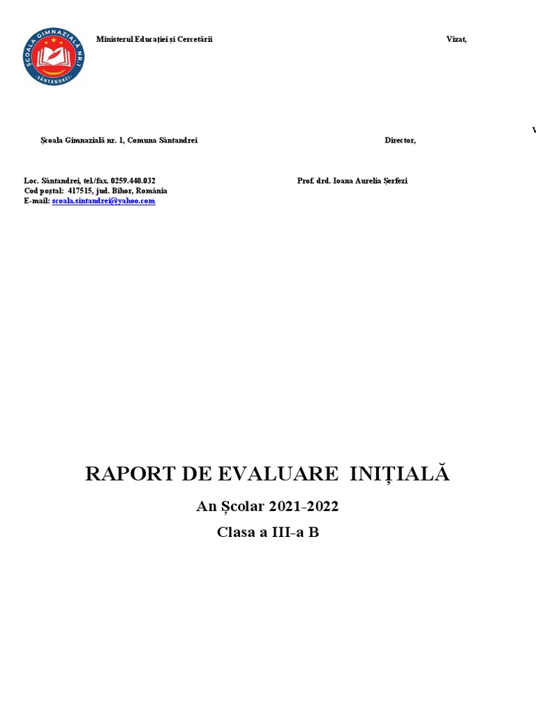 Raport Evaluari Initiale Clasa A 3 A | PDF