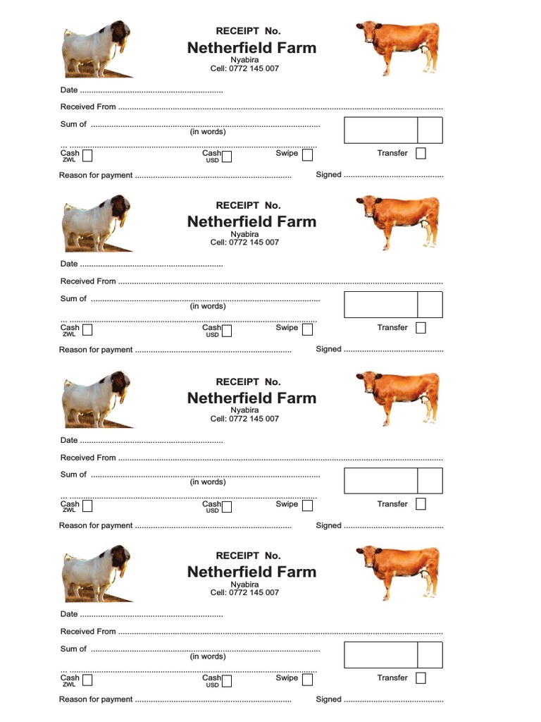 Standard receipt template for Netherfield Farm in Nyabira, Zimbabwe ...