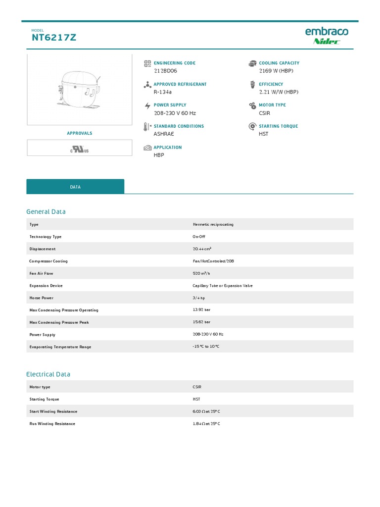 Compressor - NT6217Z (HBP) - Datasheet | PDF | Evaporation | Applied ...