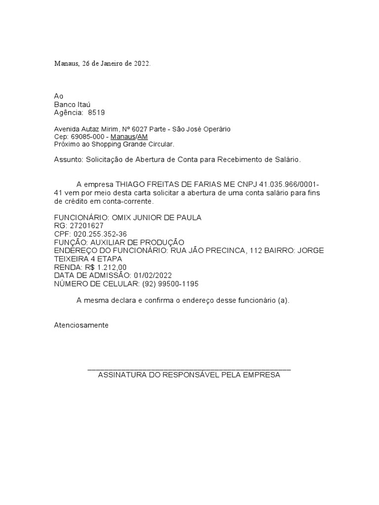 Carta Abertura de Conta-Salario | PDF Carta Abertura de Conta-Salario | PDF