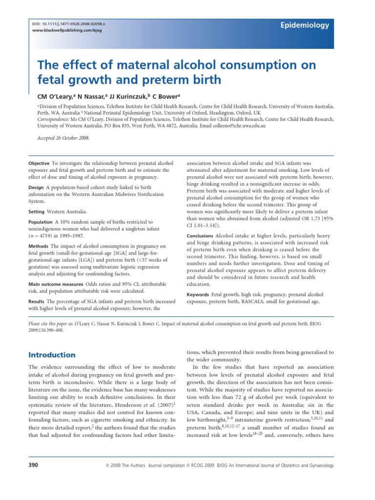 The Effect of Maternal Alcohol Consumption On Fetal Growth and Preterm ...