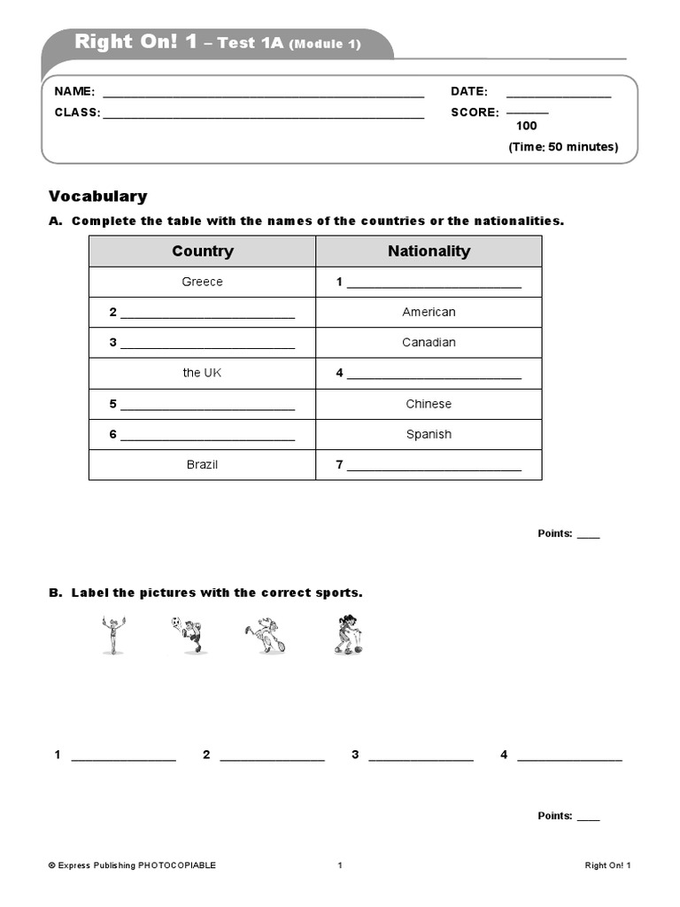 01 Right On 1 - Test 1A - Mod 1 | PDF | Linguistics | Grammar