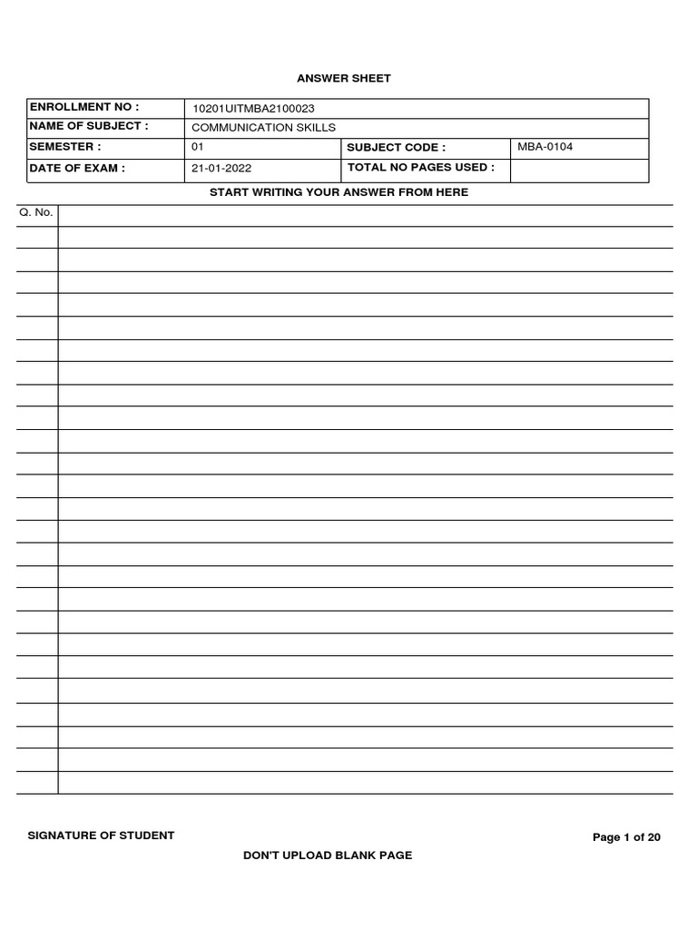 Answer Sheet: 10201UITMBA2100023 Communication Skills 01 21-01-2022 MBA ...