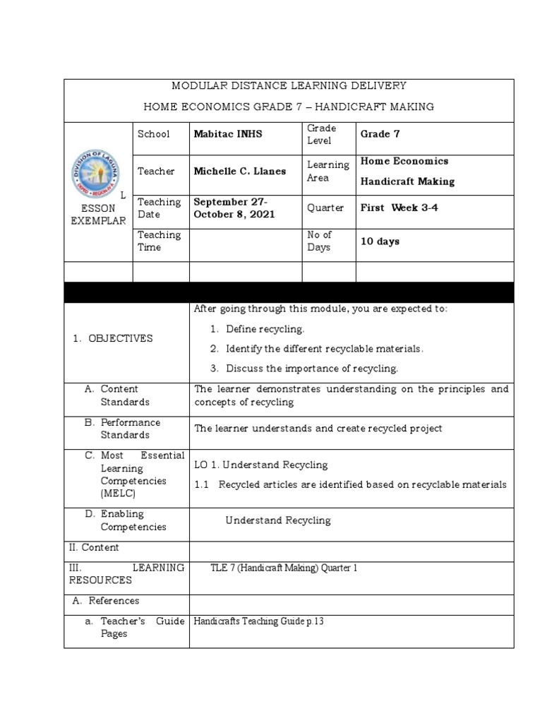 LE Handicraft WEEK 3-4 GRADE 7 - 8 | PDF | Learning | Recycling