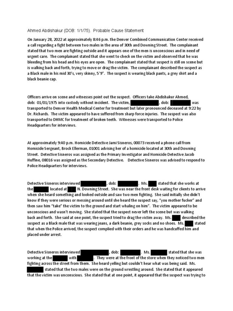 Ahmed Abdishakur Probable Cause Statement | PDF | Detective | Crime ...