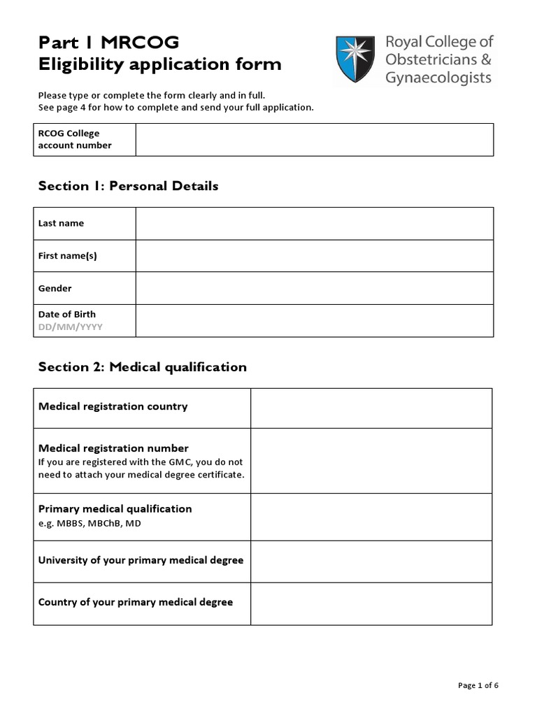 Part 1 MRCOG Eligibility Application Form: Section 1: Personal Details ...