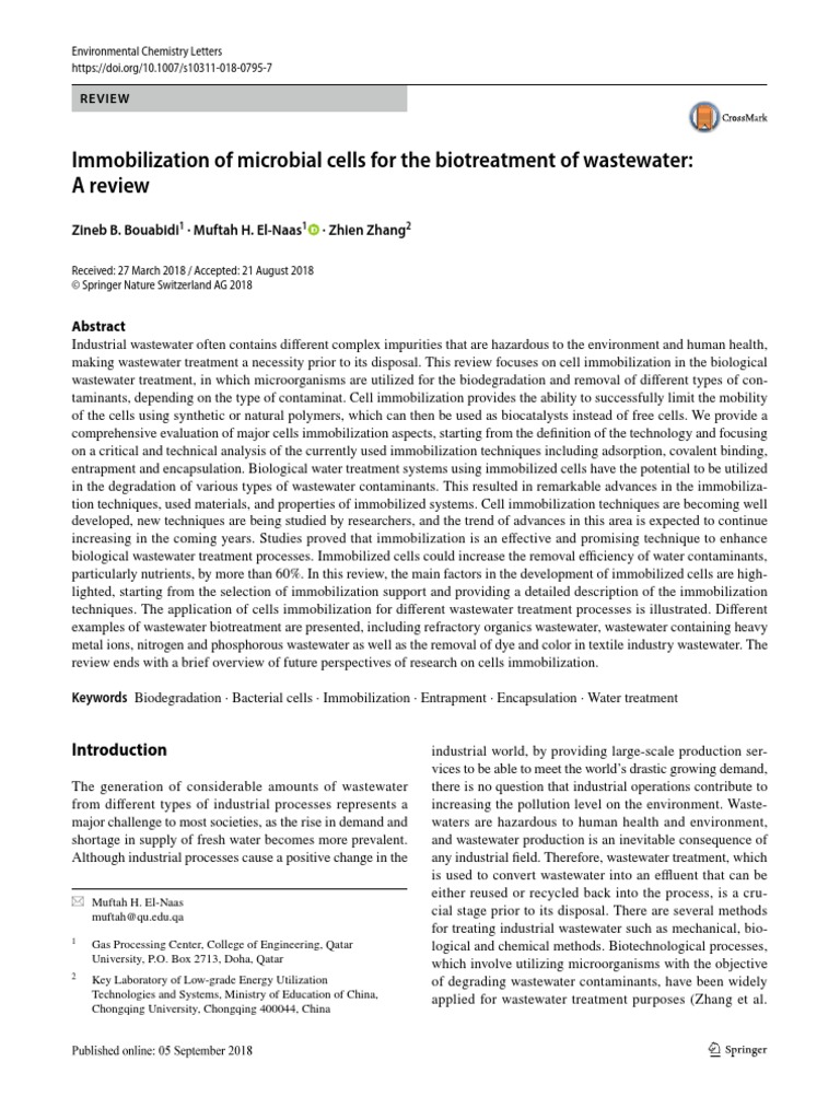 Immobilization of Microbial Cells For The Biotreatment of Wastewater: A ...